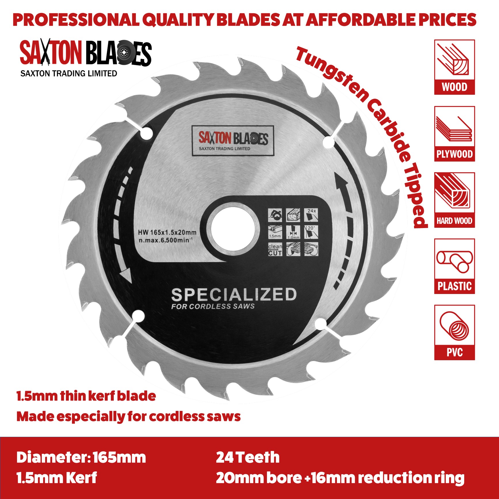 TCT Circular Blade 165mm x 24T Fits Milwaukee (15.87mm Ring) | Saxton ...