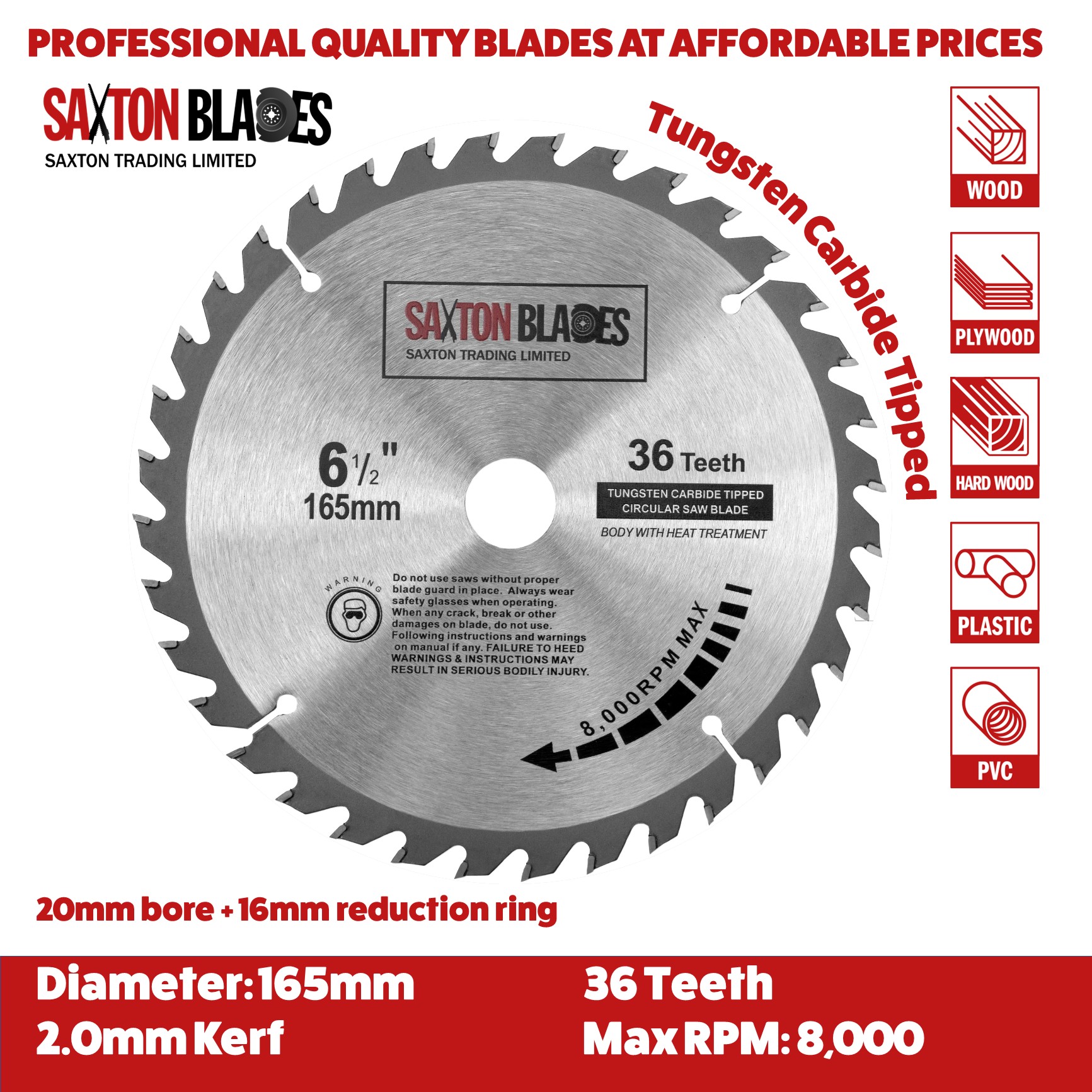 TCT Circular Blade 165mm x 36T | Saxton Blades