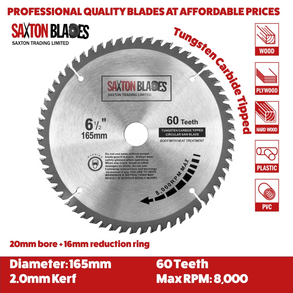 TCT Circular Blade 165mm x 60T | Saxton Blades