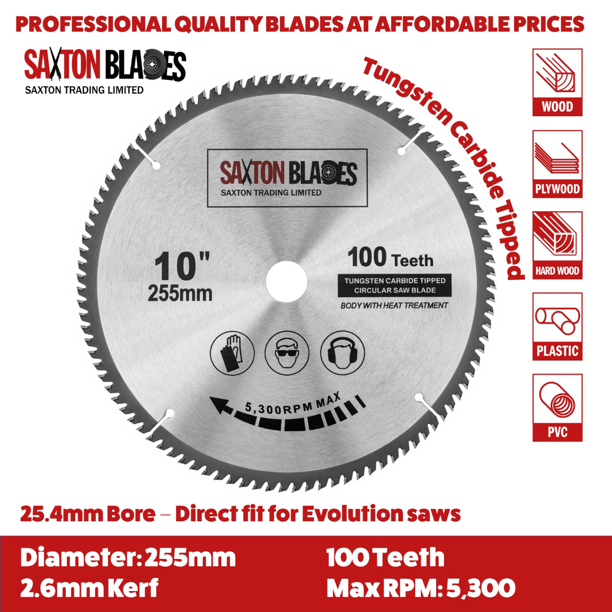 TCT Circular Blade 255mm x 100T x 25.4mm Bore | Saxton Blades