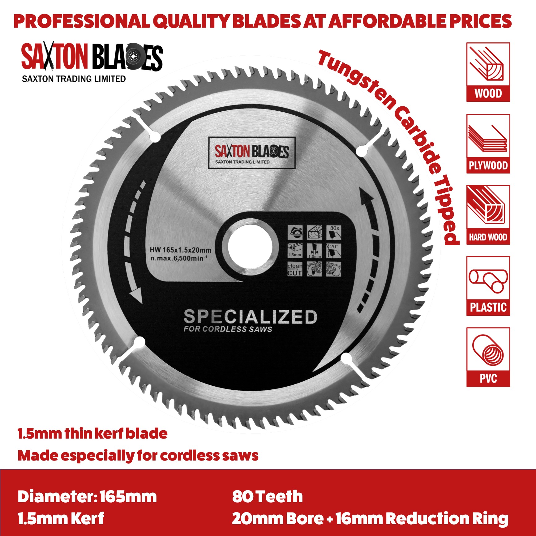 TCT Circular Blade 165mm x 80T Thin Kerf | Saxton Blades