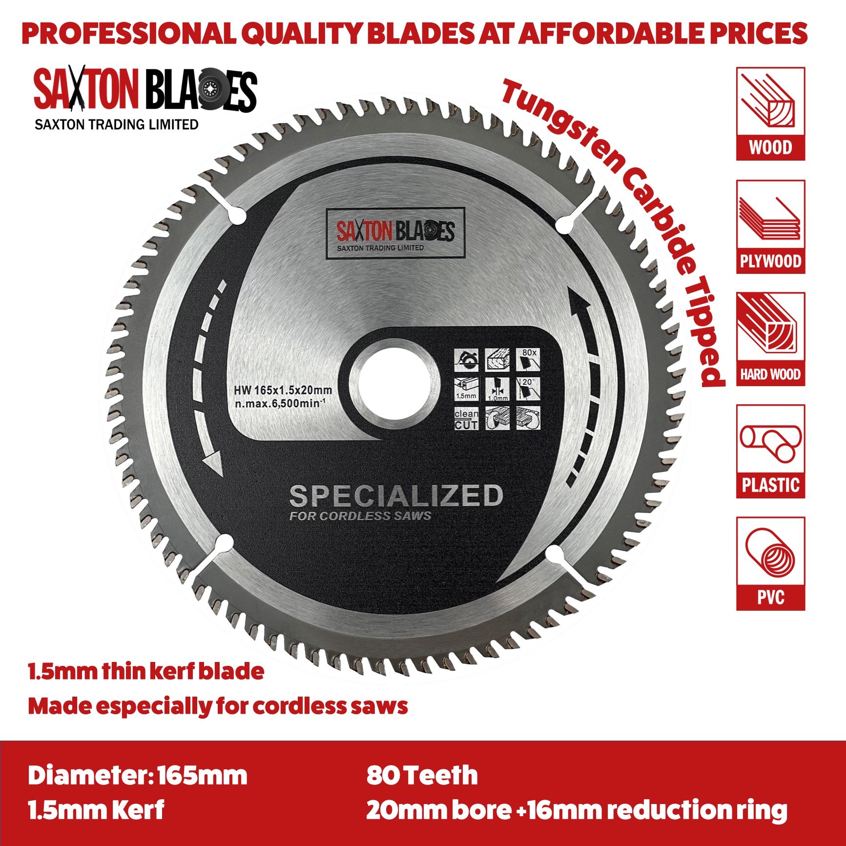 TCT Circular Blade 165mm x 80T Fits Milwaukee (15.87mm Ring) | Saxton ...