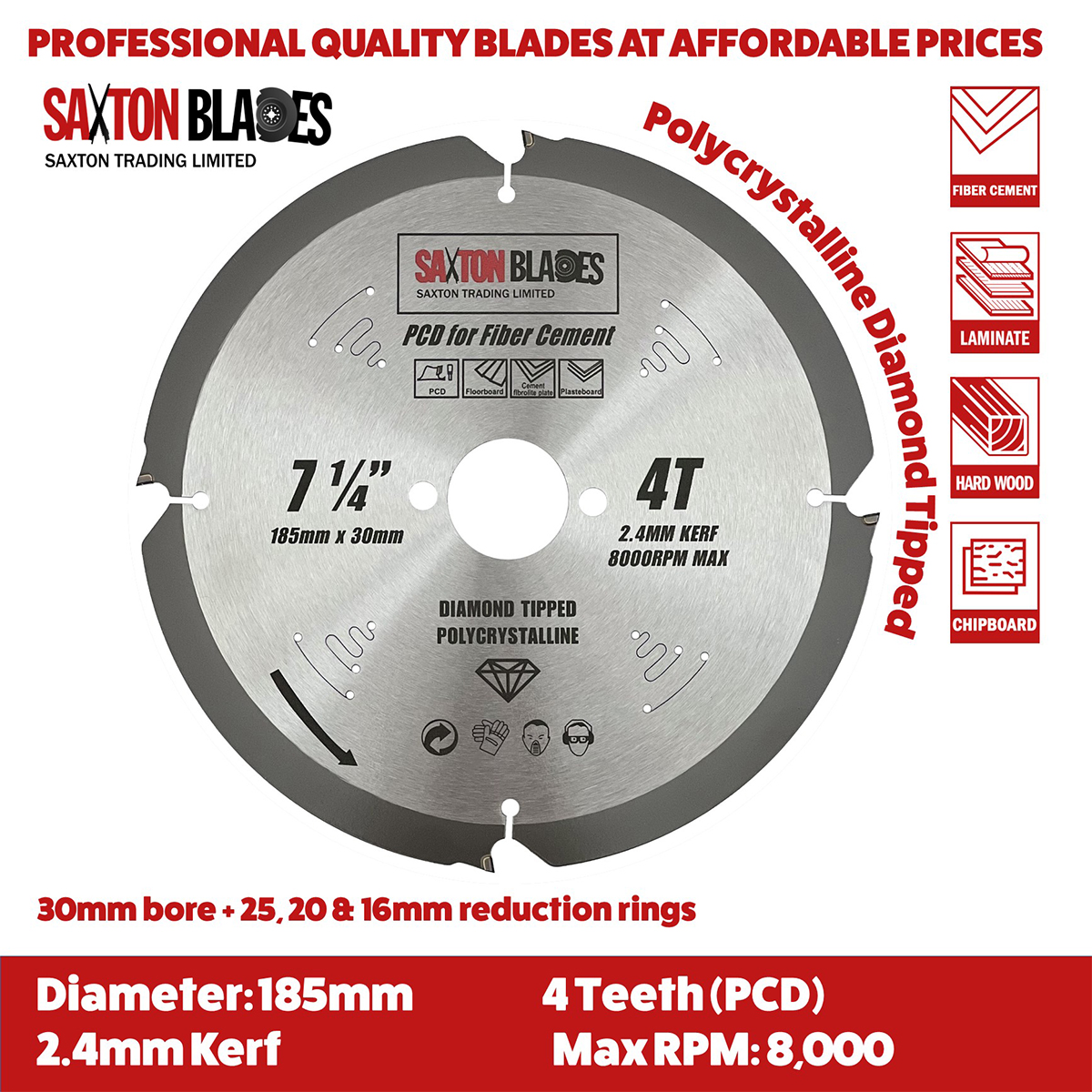 PCD Circular Saw Blade, 185mm x 4 Teeth x 30mm Bore Polycrystalline ...
