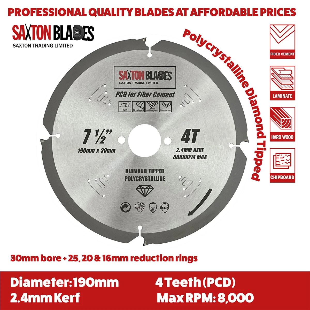 PCD Circular Saw Blade 190mm x 4 Teeth Polycrystalline Diamond Tipped Fibre Cement Board Hard Materials